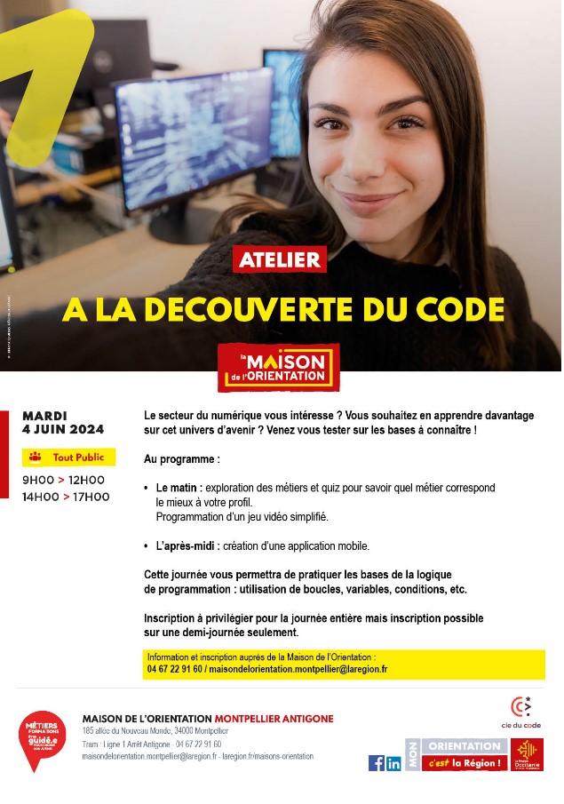 Atelier " A la découverte du Code " - Mardi 4 juin 2024 - Région Occitanie / Pyrénées-Méditerranée
