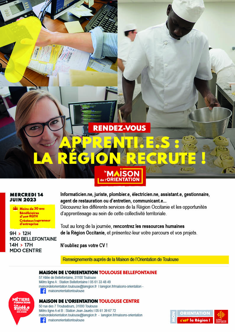 Apprenti.e.s : La Région recrute ! - Mercredi 14 juin - Région Occitanie / Pyrénées-Méditerranée